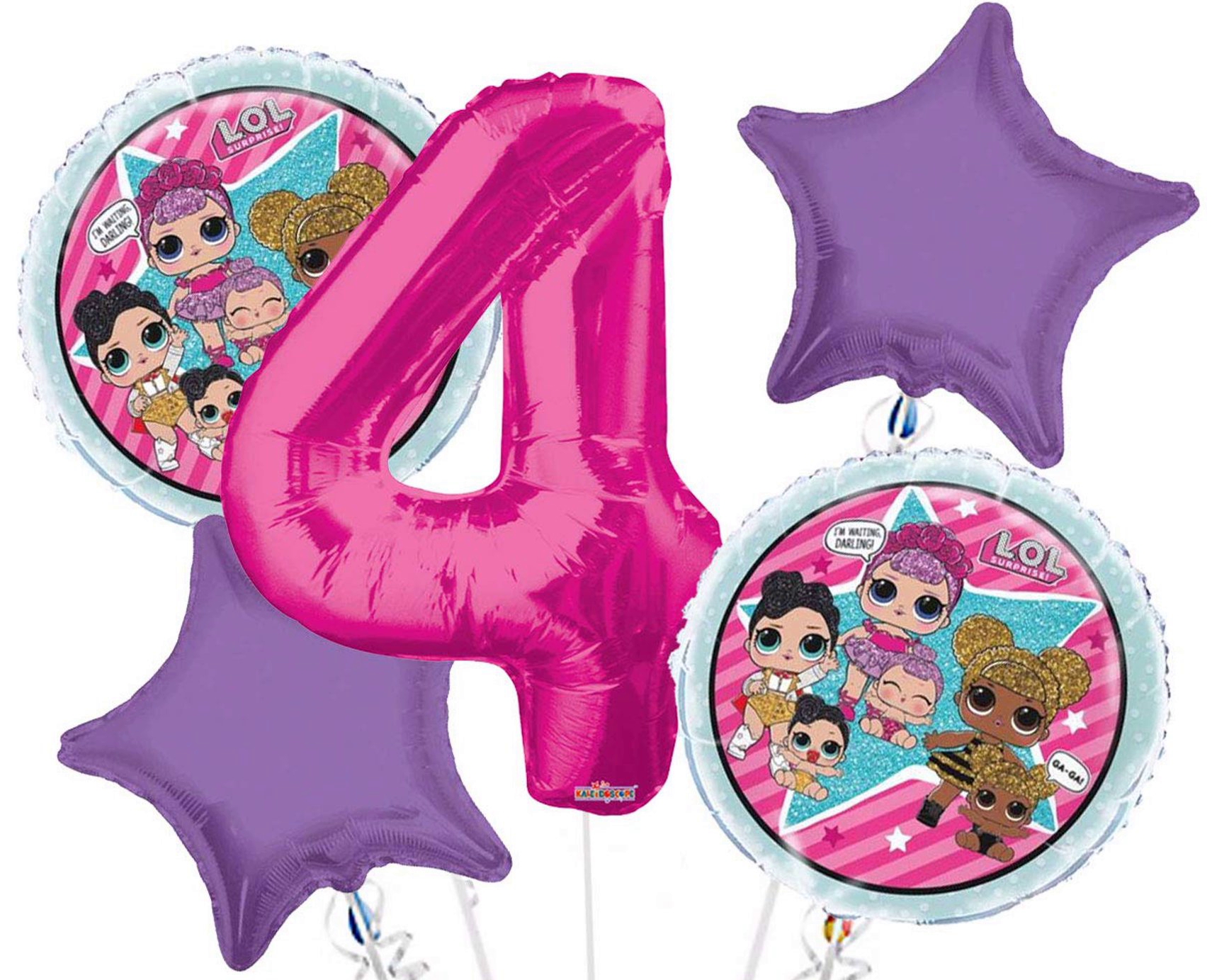 LOL Round Balloon Bouquet 5 pc, 4th Birthday, Hot Pink Number 4 Jumbo ...