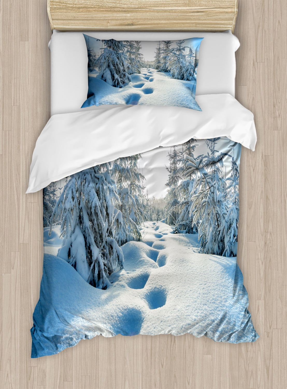Winter Twin Size Duvet Cover Set, Winter Landscape with Forest and Blue ...
