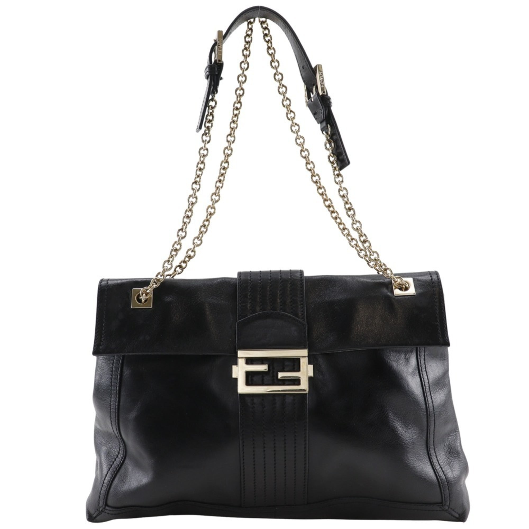 Pre-Owned FENDI Chain Tote Bag Shoulder Leather Black 2way Flap Women's ...