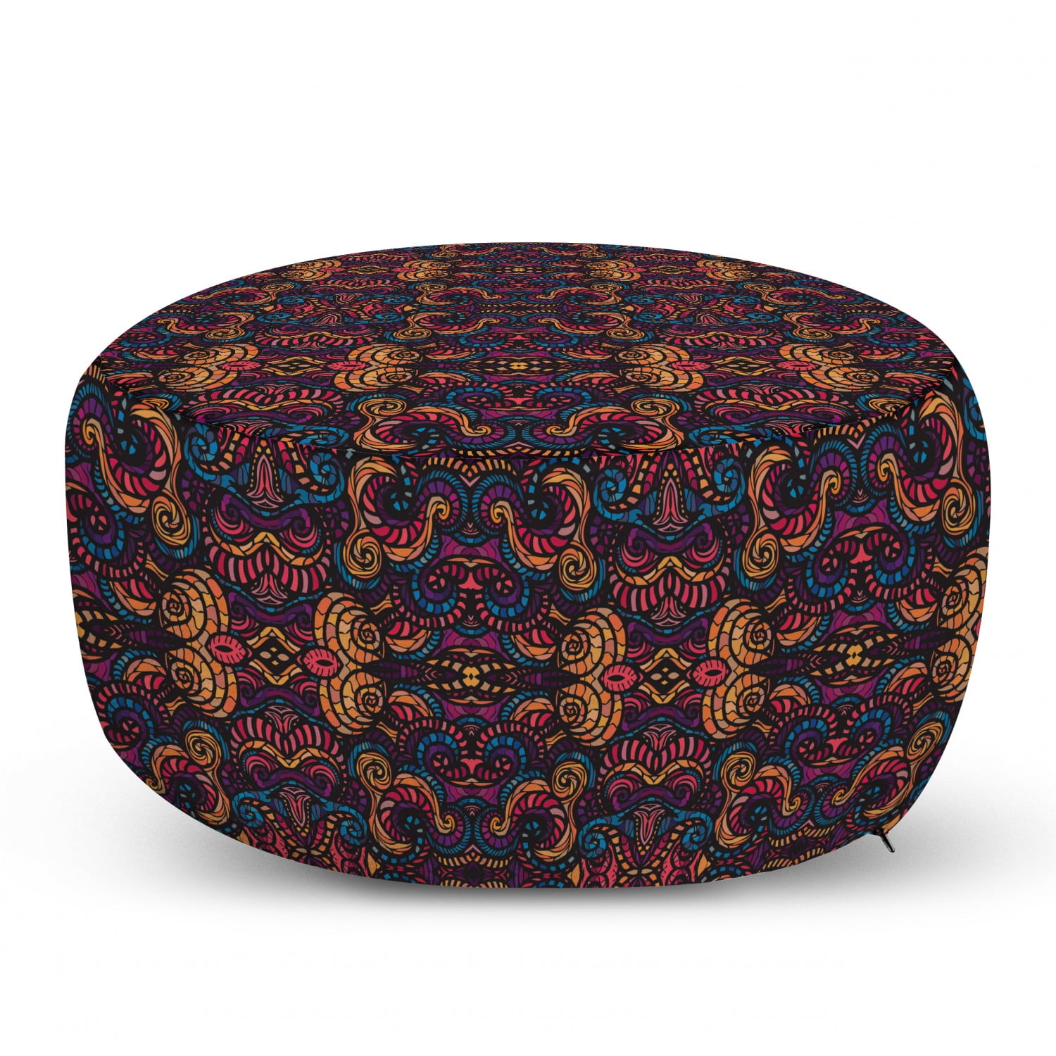Ethnic Pouf Cover with Zipper, Hand Drawn Image with Oriental Rainbow ...