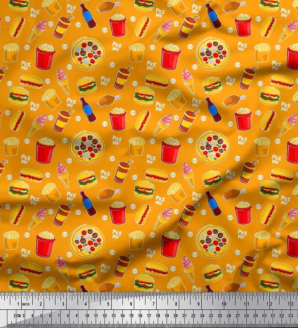 Soimoi Japan Crepe Satin Fabric Cold Drink,Pizza & Burger Food Print ...