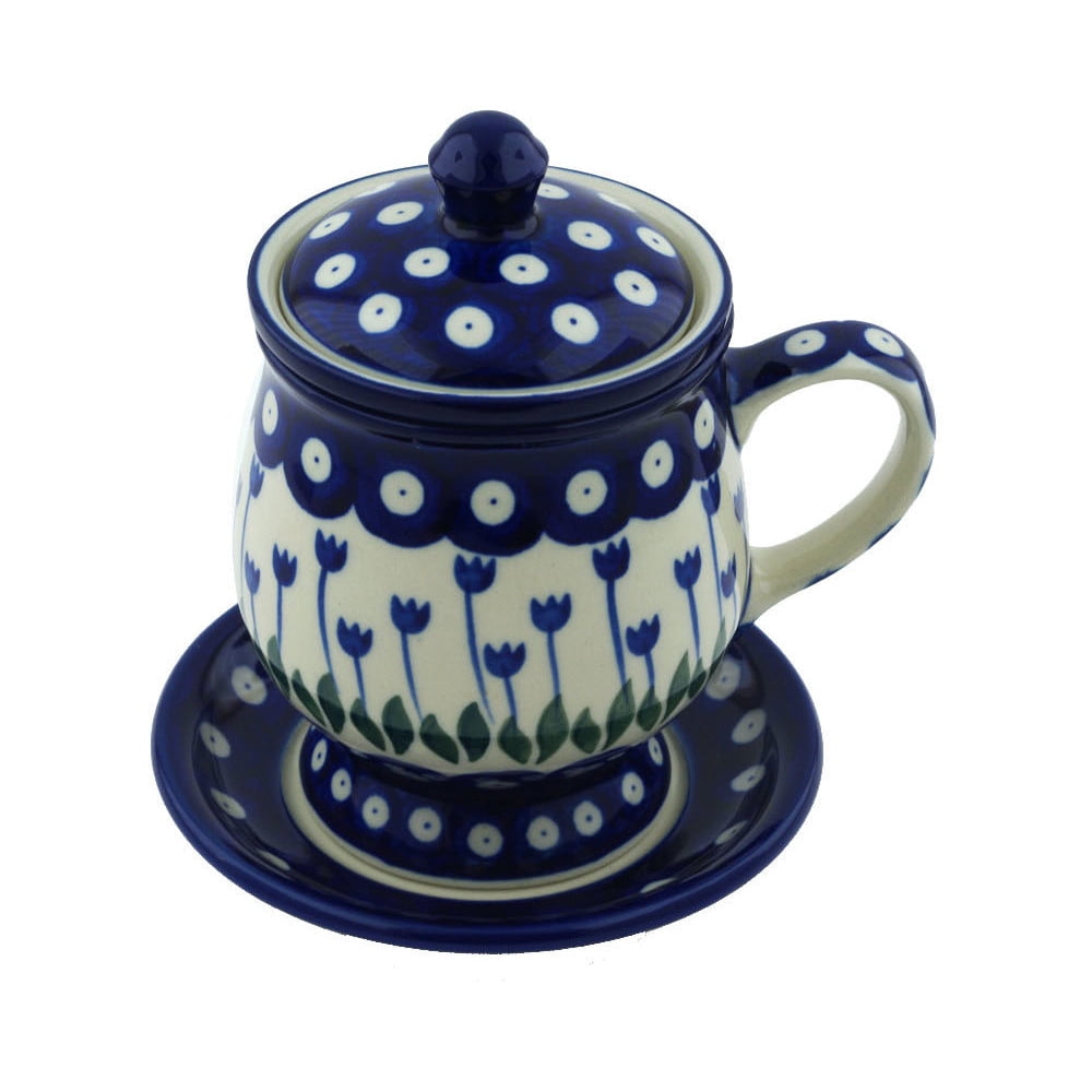 Polish Pottery Brewing Mug 10 oz Polmedia Blue Tulip Peacock Theme Hand ...