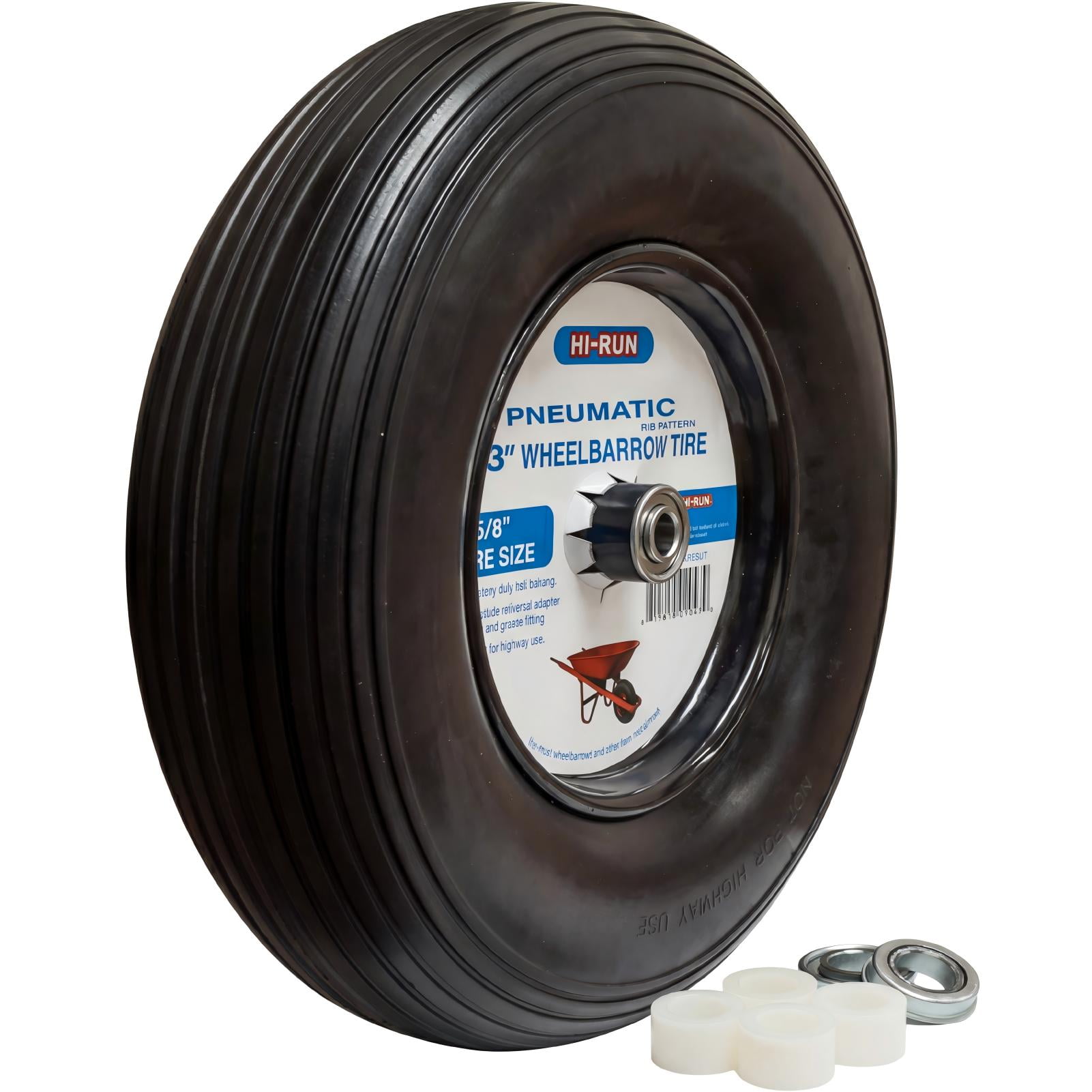 Hi-Run Ribbed 13 Inch Pneumatic 4.00-6 Wheelbarrow Tire 2pr Assembly With 5/8 Bushing Pre-Mounted 4.00-6 2pr