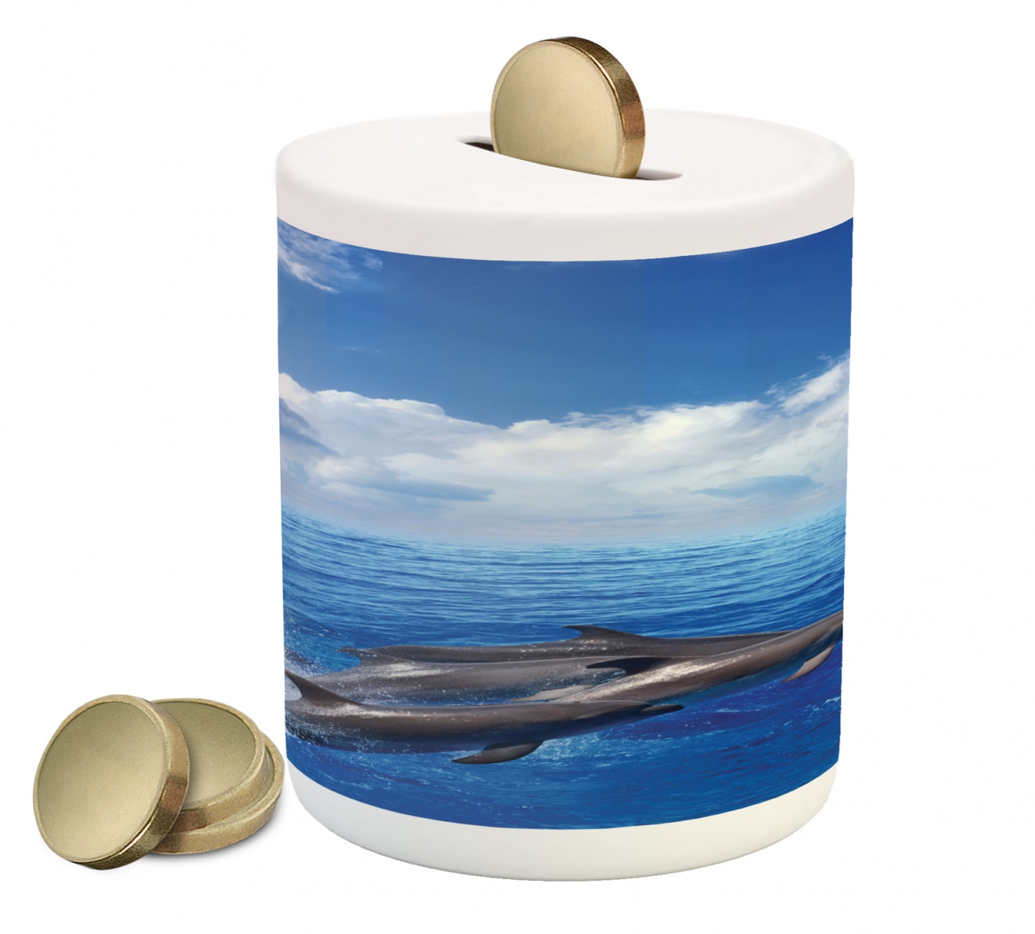 Sea Animals Piggy Bank, Dolphins Jumping in Clear Sea and Fluffy Clouds ...