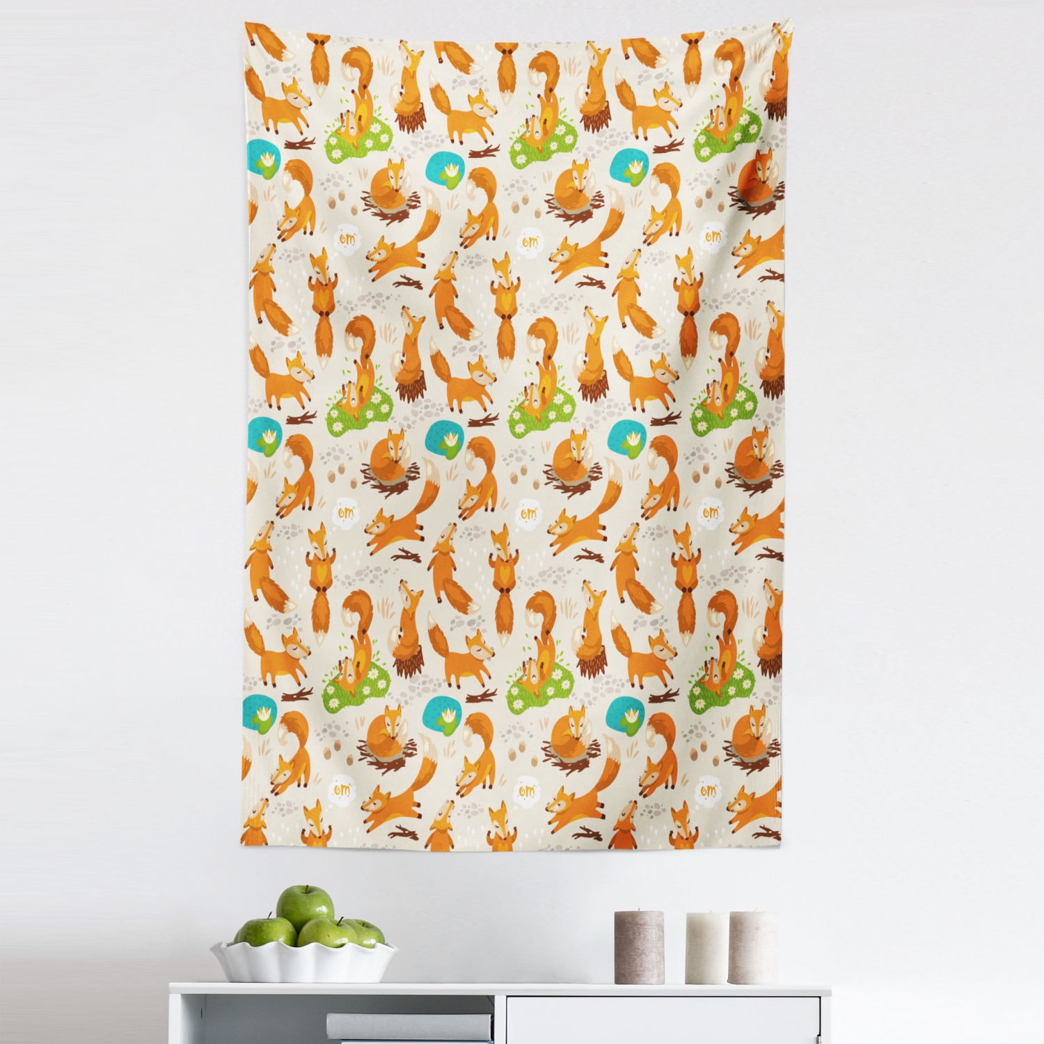 Yoga Tapestry, Flexing and Stretching Fox Little Cartoon Animals Dotted ...