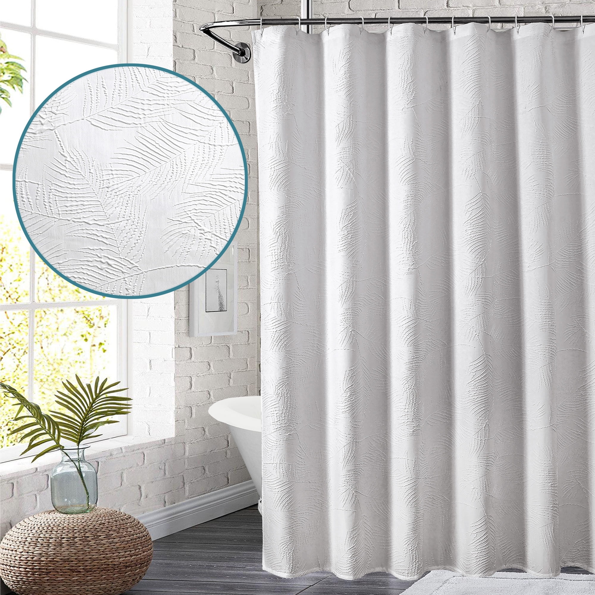 Ovzme White Embossed Shower Curtain Waterproof 3d Leaves Textured Soft
