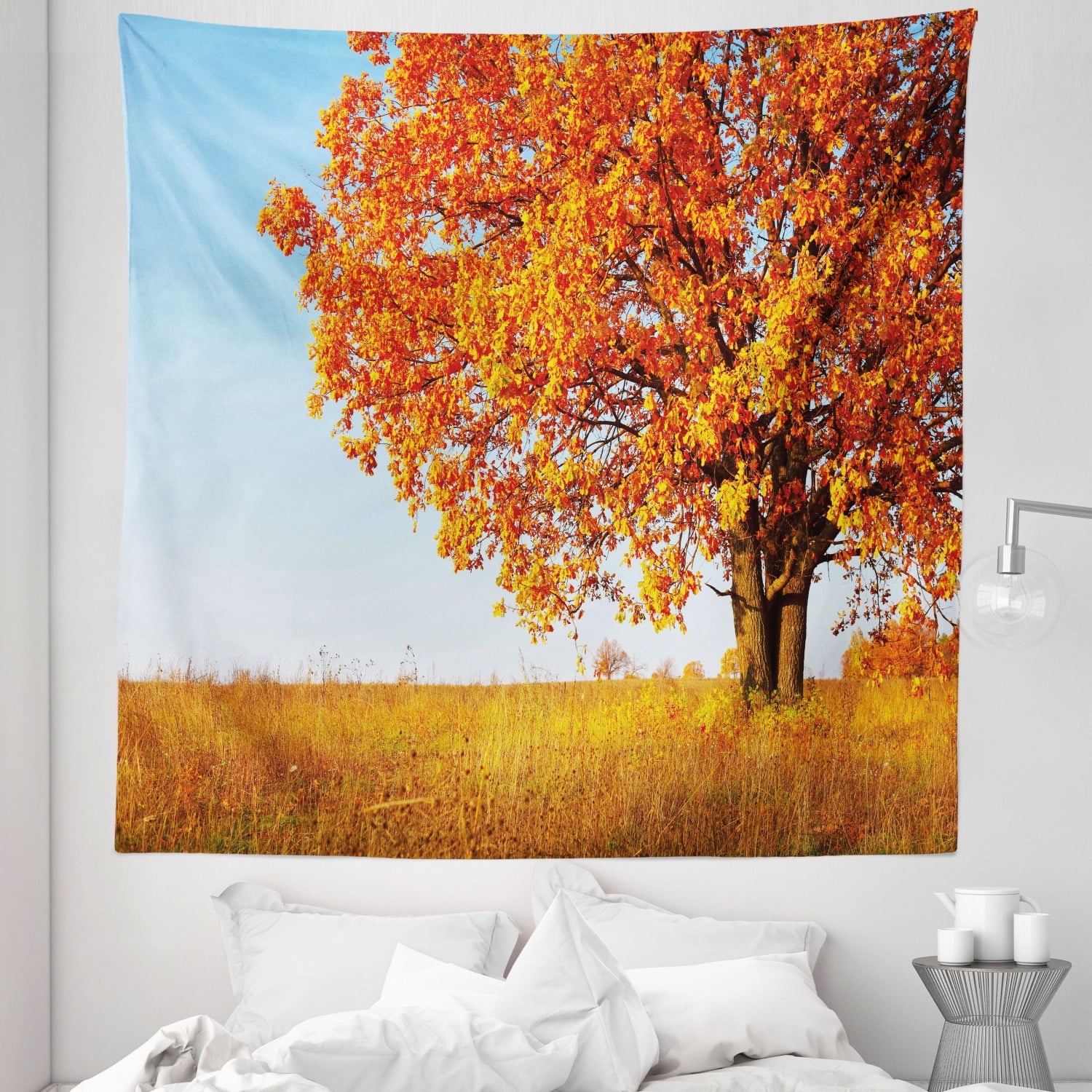 Fall Tapestry, Lonely and Oak Tree Grass Bushes Field Serene Rural ...