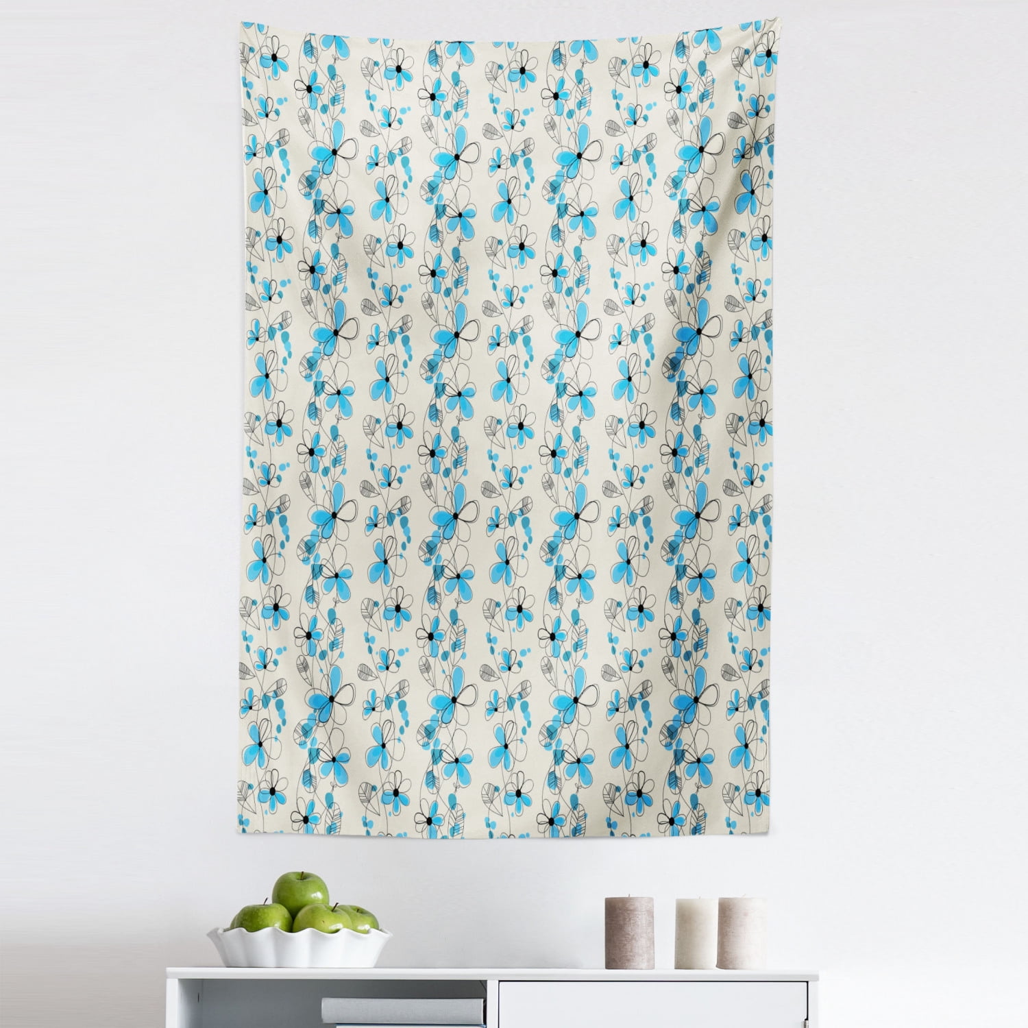 Grey and Blue Tapestry, Drawing of a Field with Blue Daisy Petals and ...