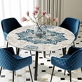 Abstract Boho Round Table Cover, Vintage Blue Beige Botanical Texture ...