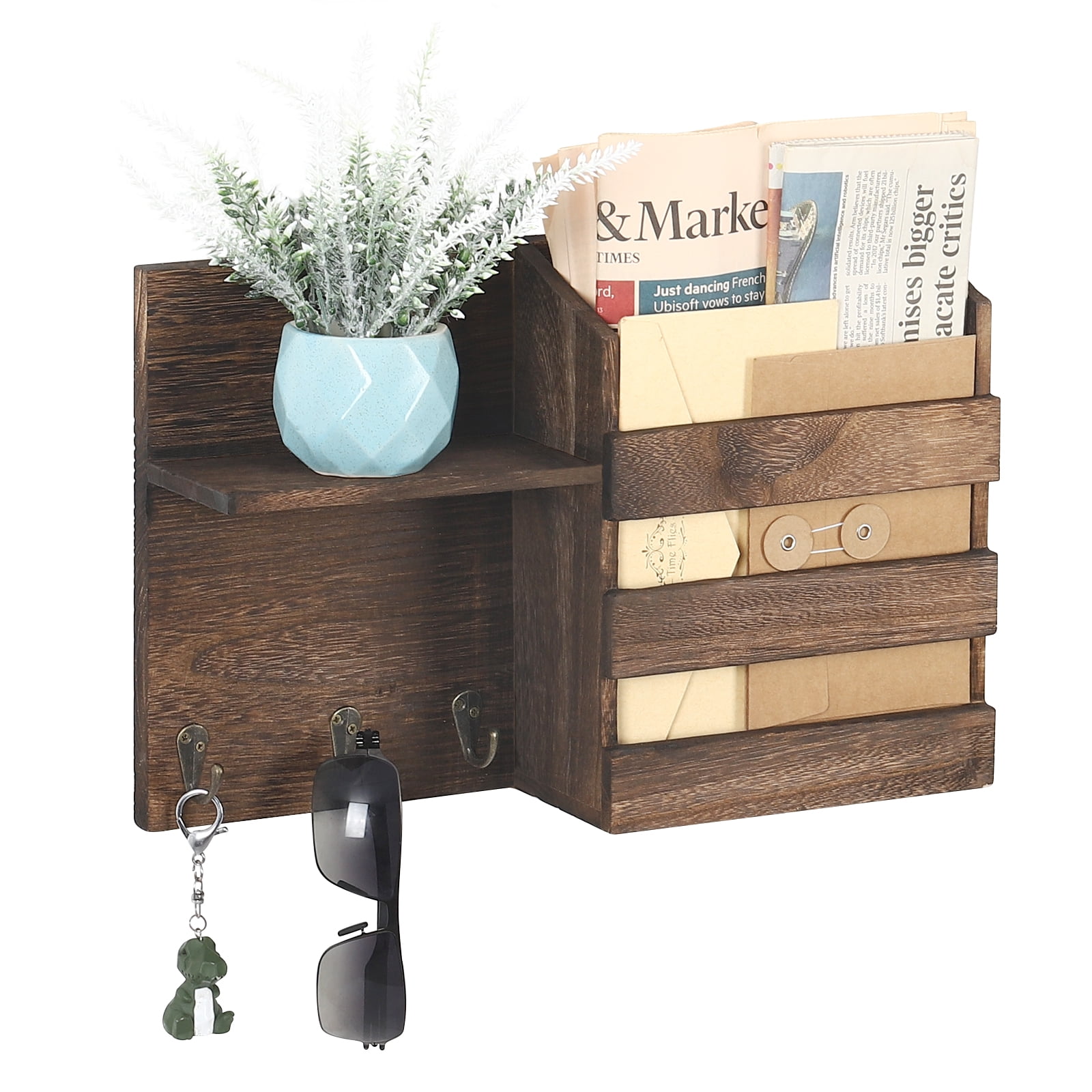 Wall Vintage Wooden Mail Shelf With 3 Key Hooks, Rustic Brown - Walmart.com