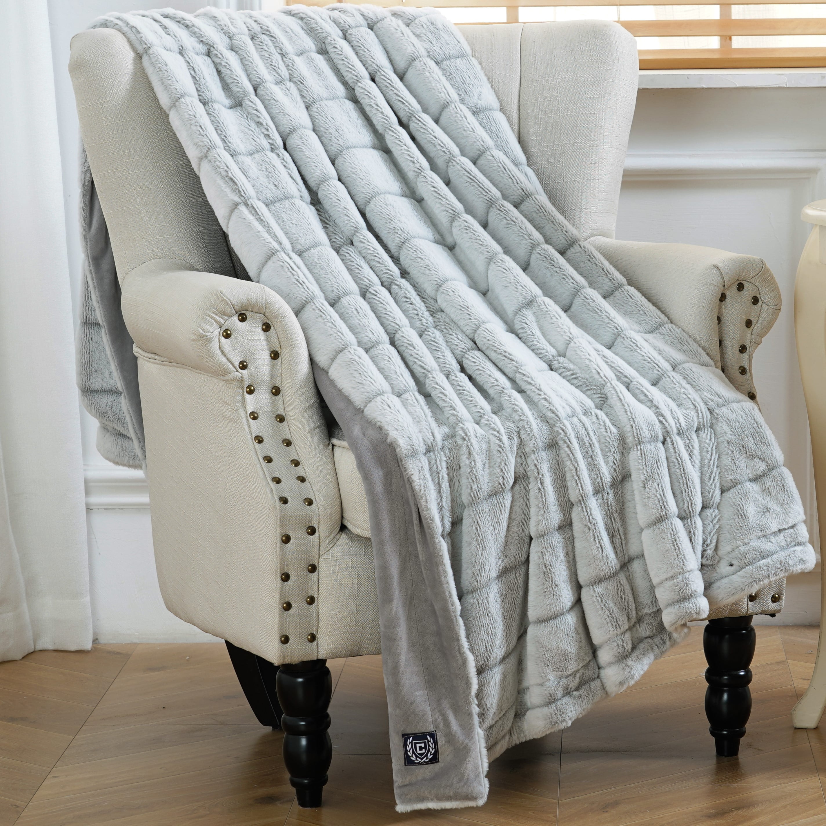 Chaps Faux Fur Plush Soft Ribbed Throw - 50" X 70", Grey - Walmart.com