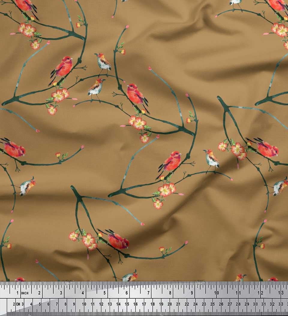 Soimoi Brown Cotton Voile Fabric Branch,Floral & American Robin Bird ...