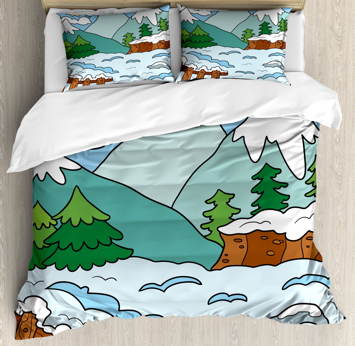 Northwoods Duvet Cover Set Queen Size, Cartoon Winter Mountains ...
