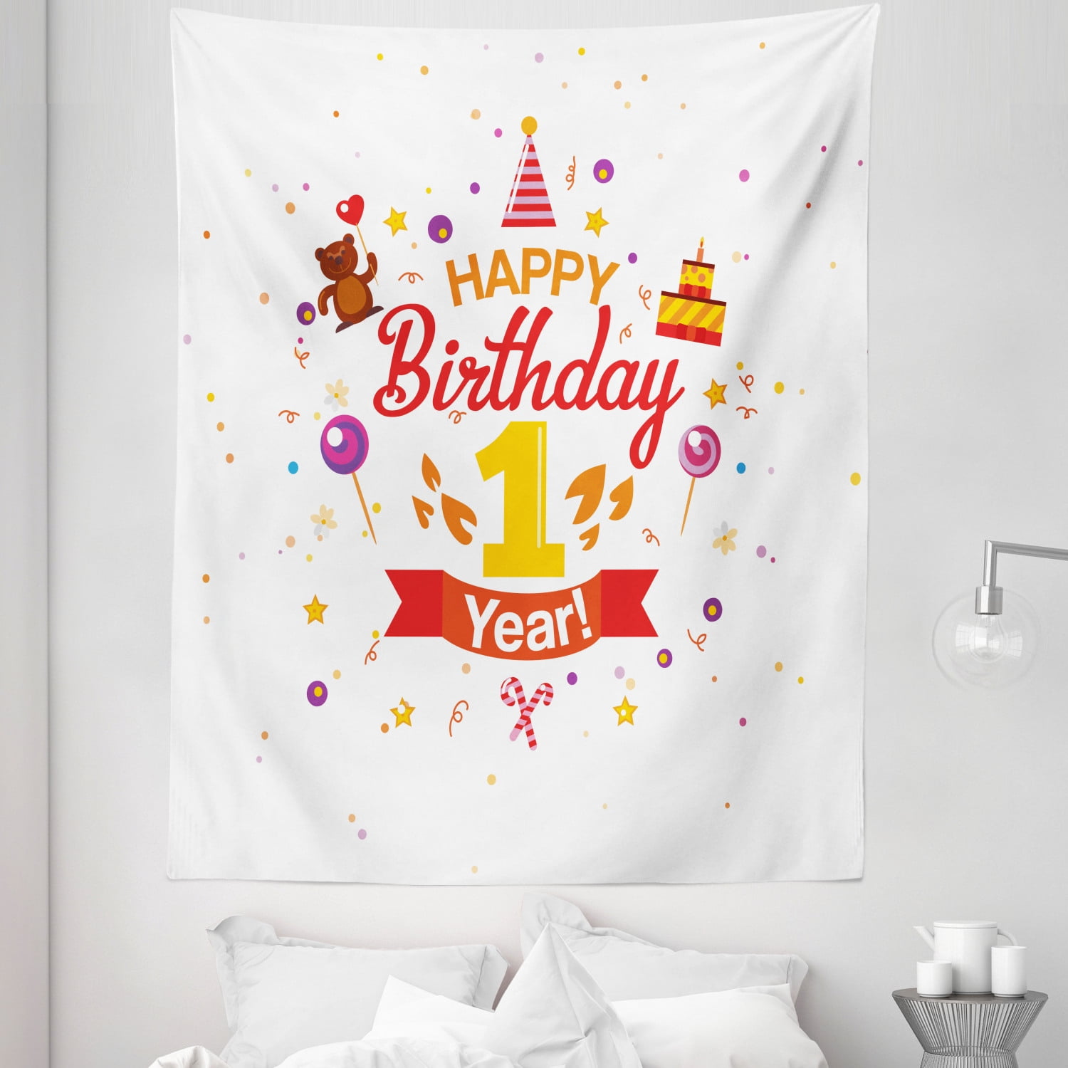 Birthday Tapestry, Birthday Party with Cones Teddy Bear Candies and a ...
