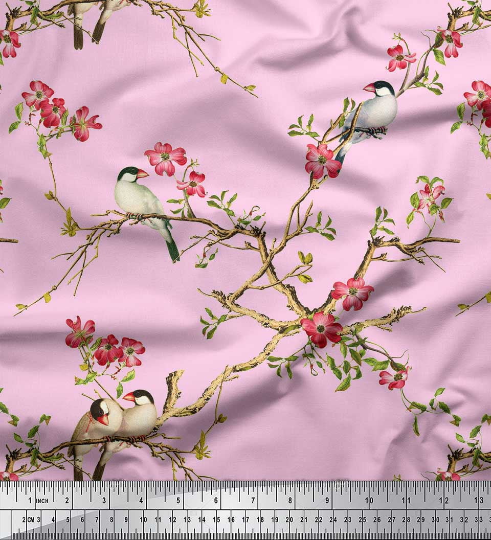 Soimoi Pink polyester Crepe Fabric Floral & Franklin Gull Bird Decor ...