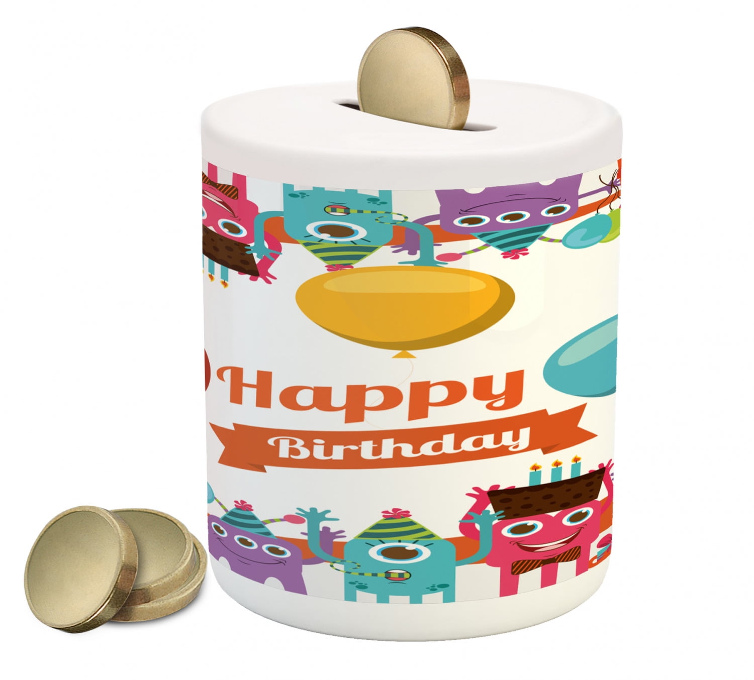 Birthday Piggy Bank, Funny Happy Monsters Holding Chocolate Cakes Party ...