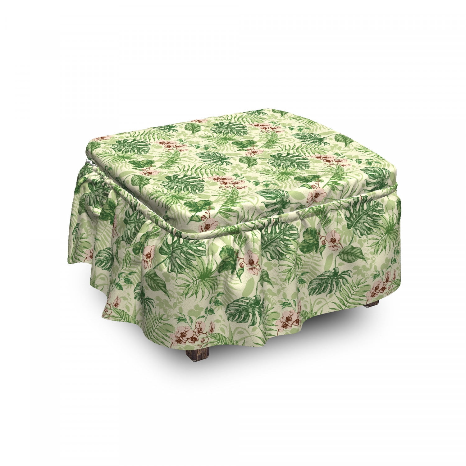 Floral Ottoman Cover, Various Leaves and Flowers, 2 Piece Slipcover Set ...
