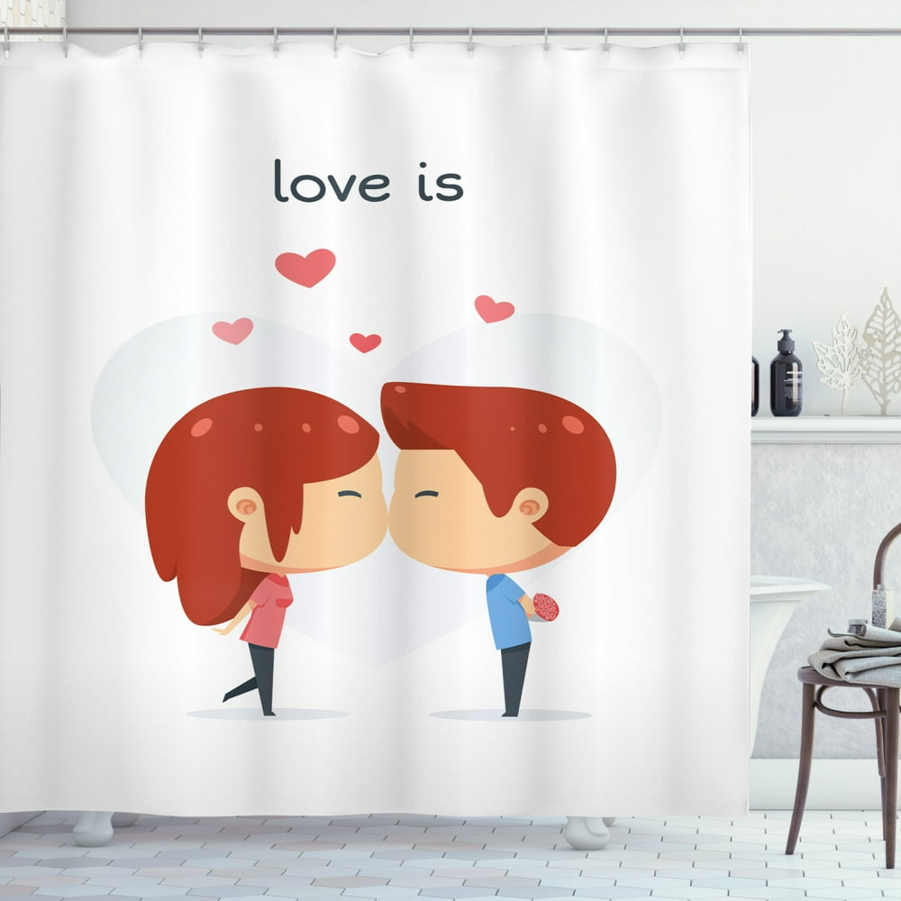Kissing Shower Curtain Cartoon Illustrated Valentine Romance Themed