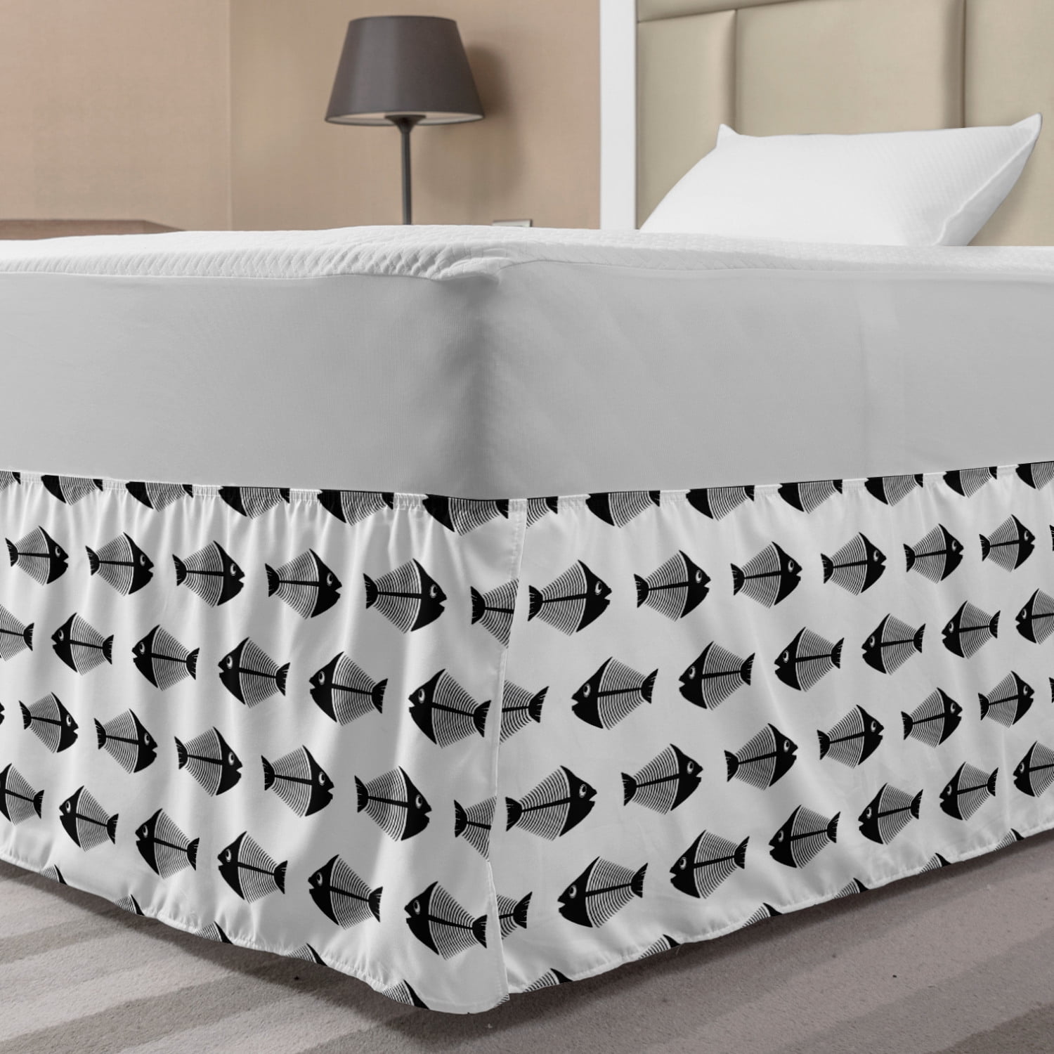 Nautical Bed Skirt, Funny Fish Bone Skeleton in Minimalist Tones Fins ...