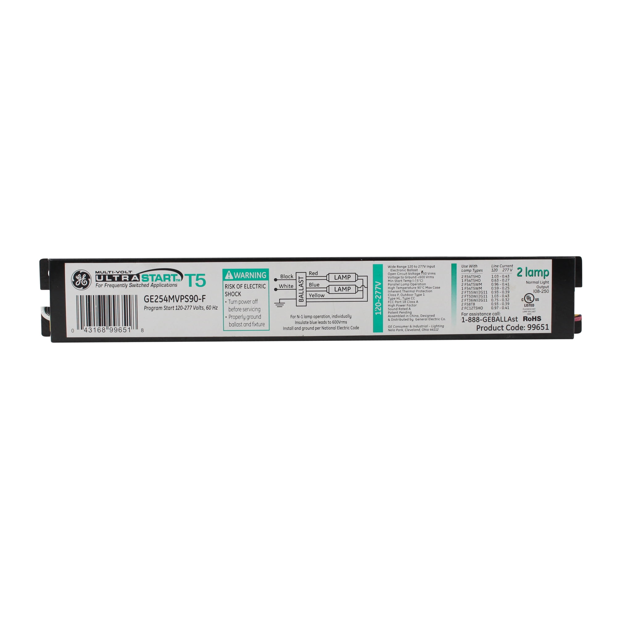 GE GE-254-MVPS-90-F 99651 2-Lamp Fluorescent Ballast, 54W T5HO F54T5HO ...