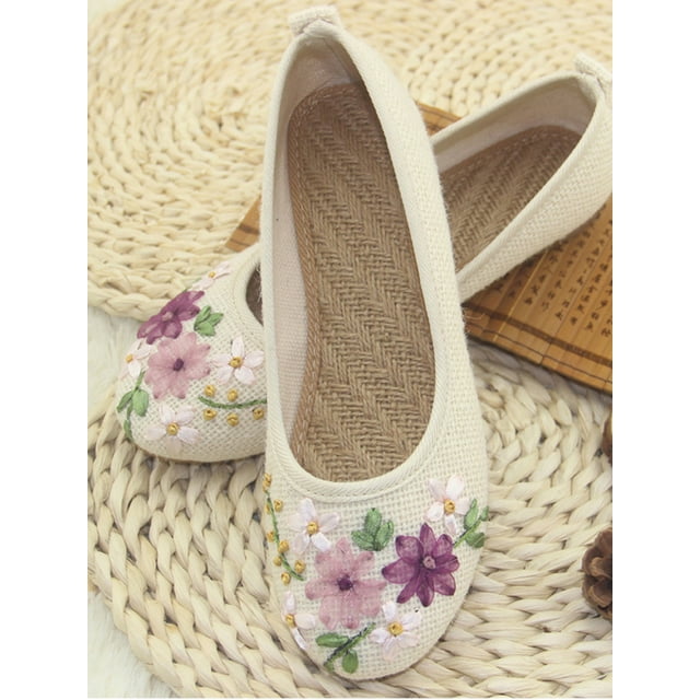 QIYAA Womens Shoes Vintage Floral Embroidered Canvas Ballet Flats ...