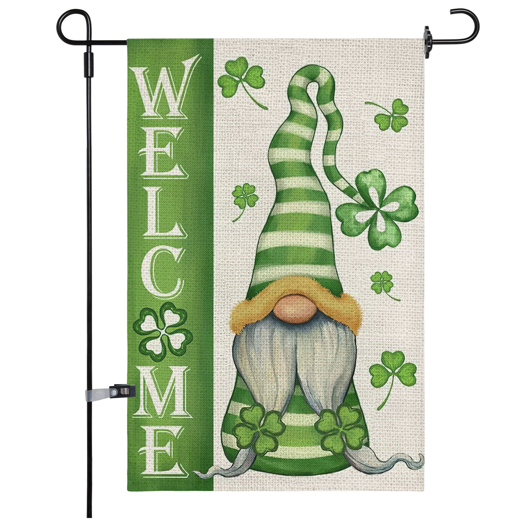 JOOCAR Garden Flags, Green Clover Gnome 12x18 Inches Reversible Garden ...