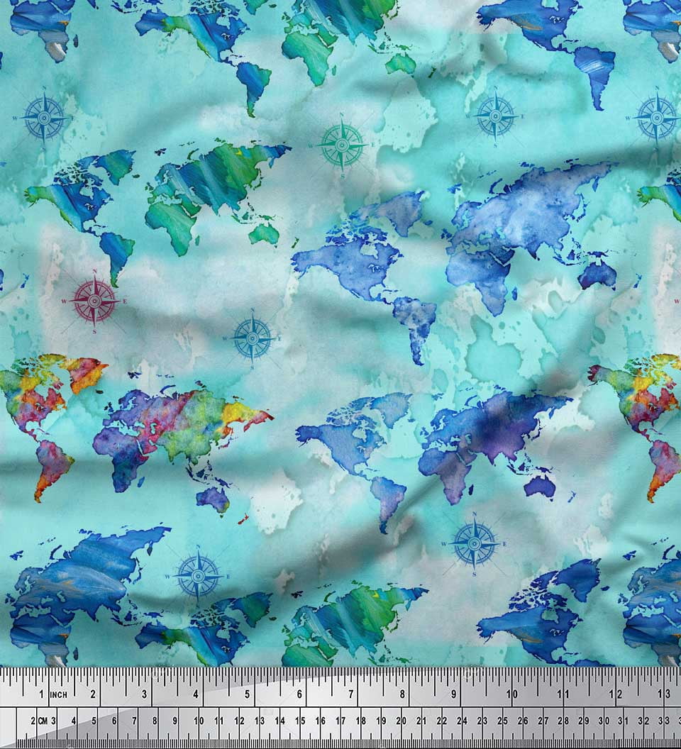 Soimoi Green Modal Satin Fabric Direction Compass & World Map Print ...