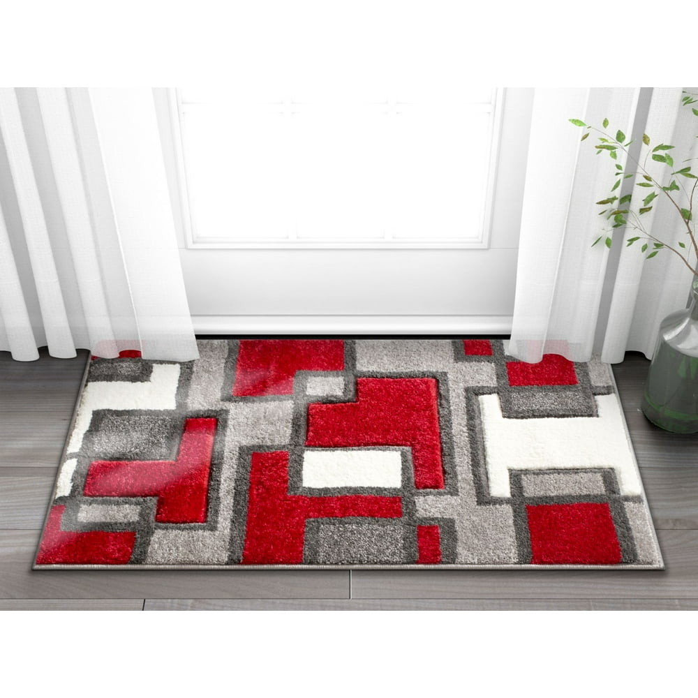 Uptown Squares Red Grey Modern Geometric Comfy Casual Hand Carved 2x3 ...