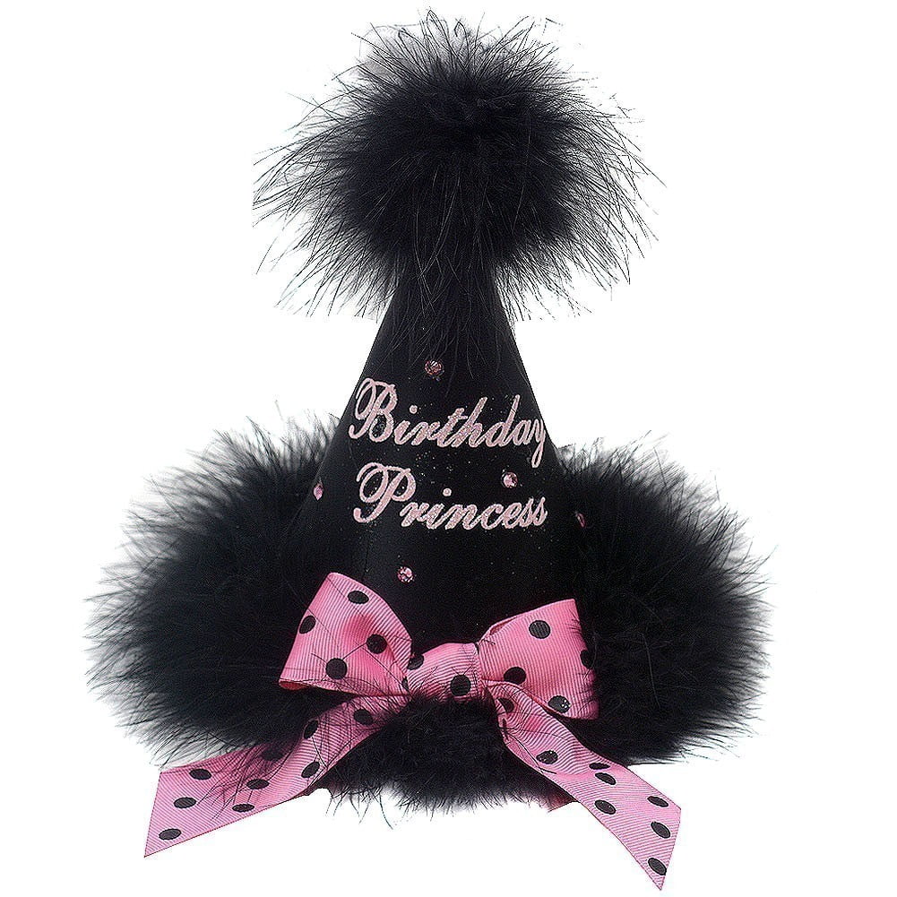 Girls Black Pink Feathery Dotted Bow "Birthday Princess" Cone Party Hat ...