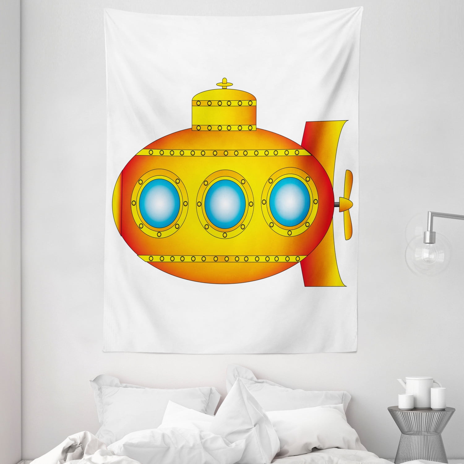 Yellow Submarine Decor Tapestry, Sea Theme a Submarine on White ...