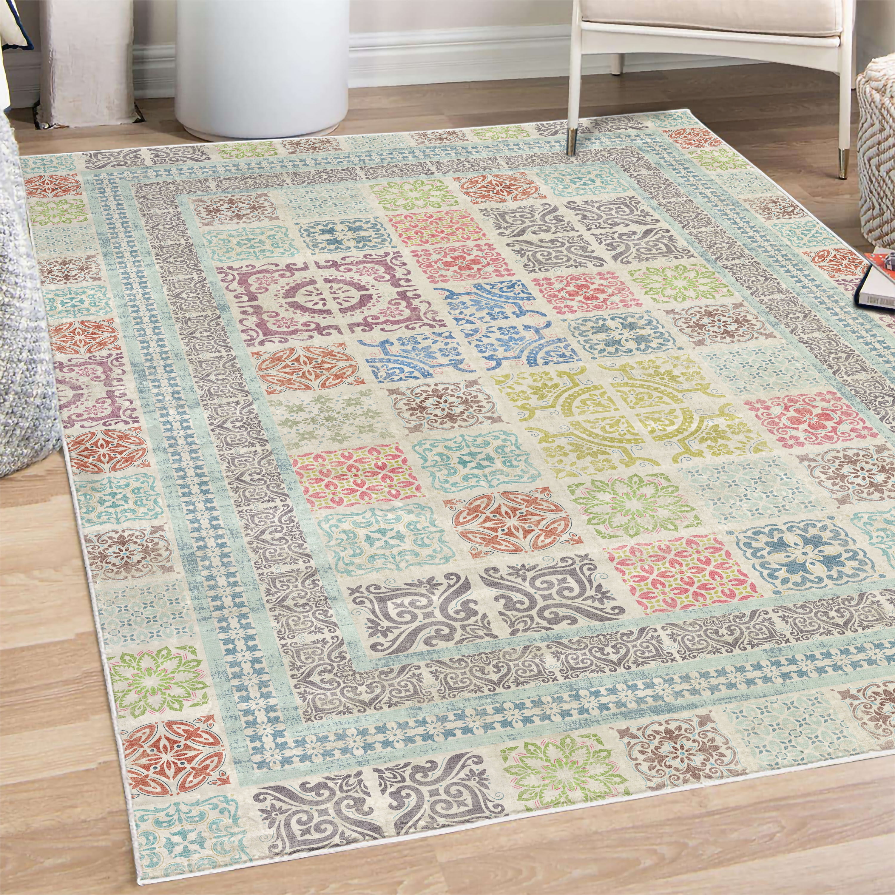 Vintage Decorative Rug, Colorful Curly and Swirling Ornaments as Tile ...