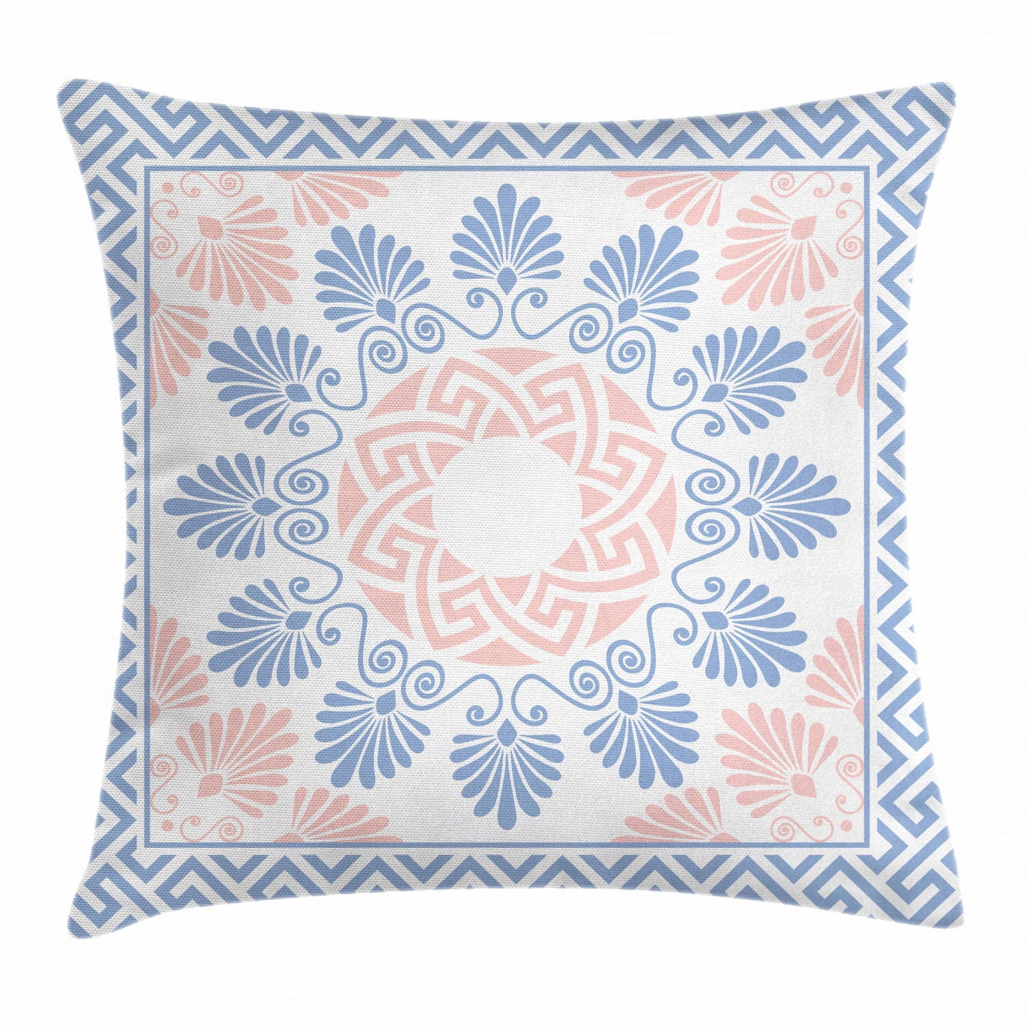 Greek Key Throw Pillow Cushion Cover, Pastel Pink White and Blue Round ...