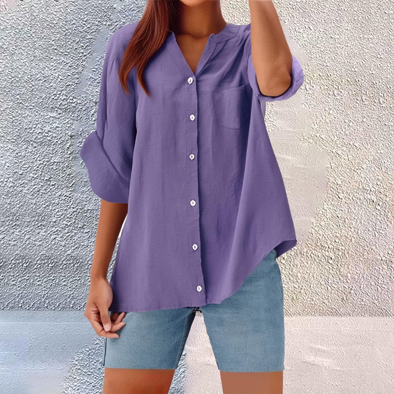 Click here for Aqestyerly Womens Oversized V-Neck Linen Shirt - 3... prices