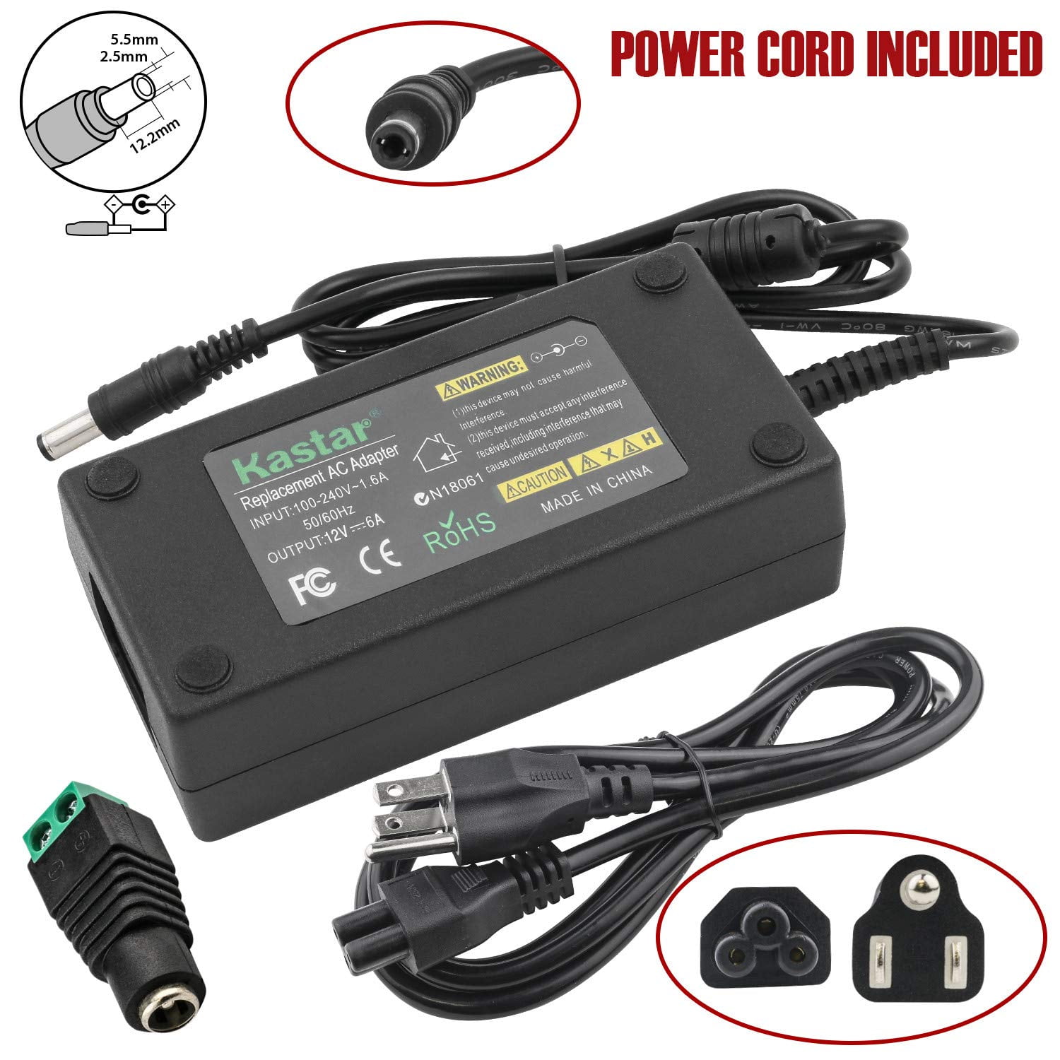 Kastar AC Adapter, Power Supply 12V 6A 72W, Tip Size 5.52.5mm for LCD ...
