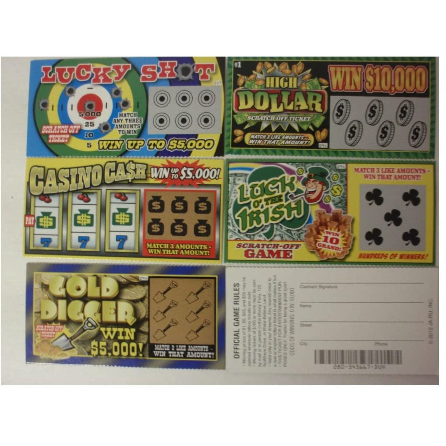 5 PHONY FAKE SCRATCH OFF ALL WINNING LOTTERY TICKETS GAG GIFT JOKE ...