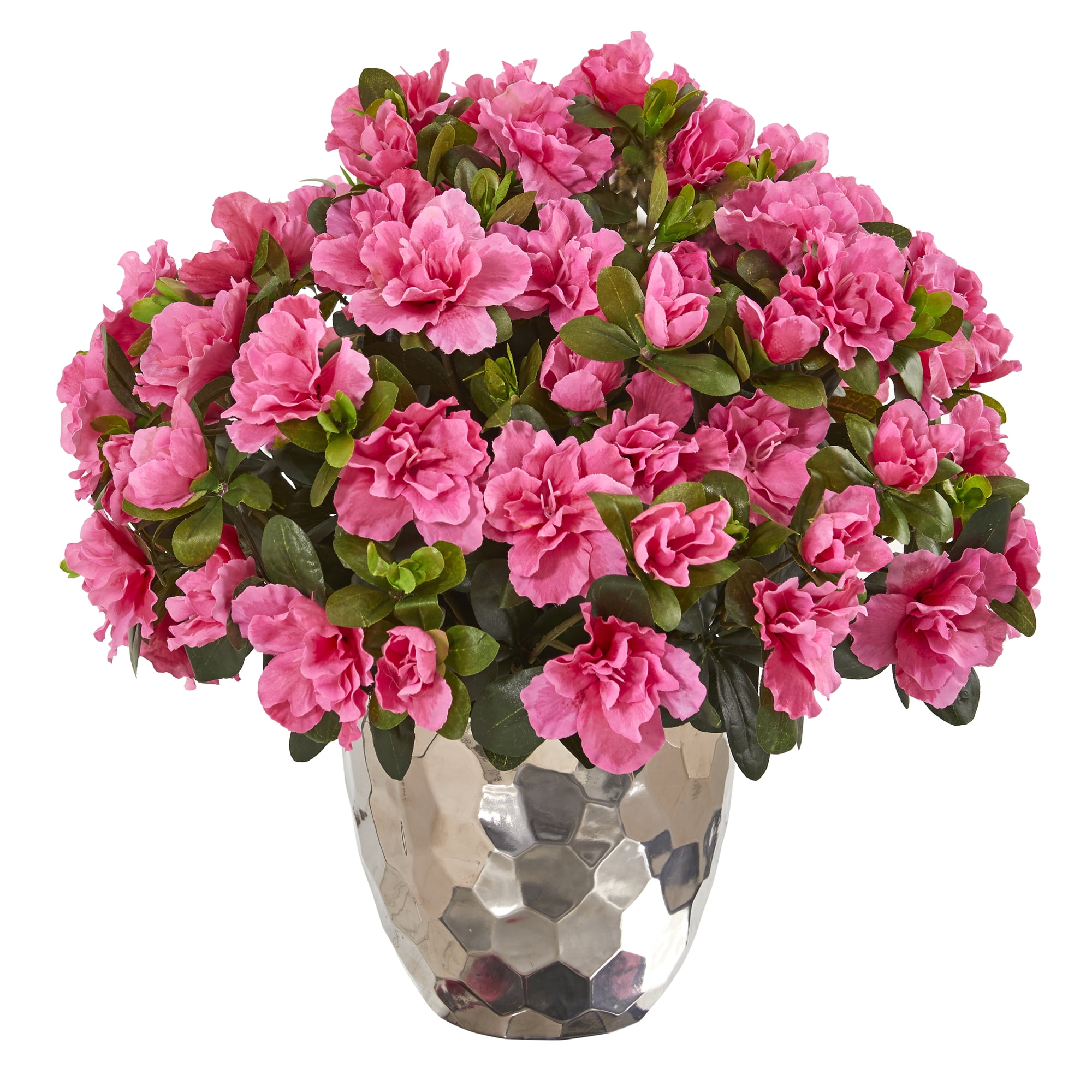 Nearly Natural Azalea Artificial Plant in Silver Planter - Walmart.com ...