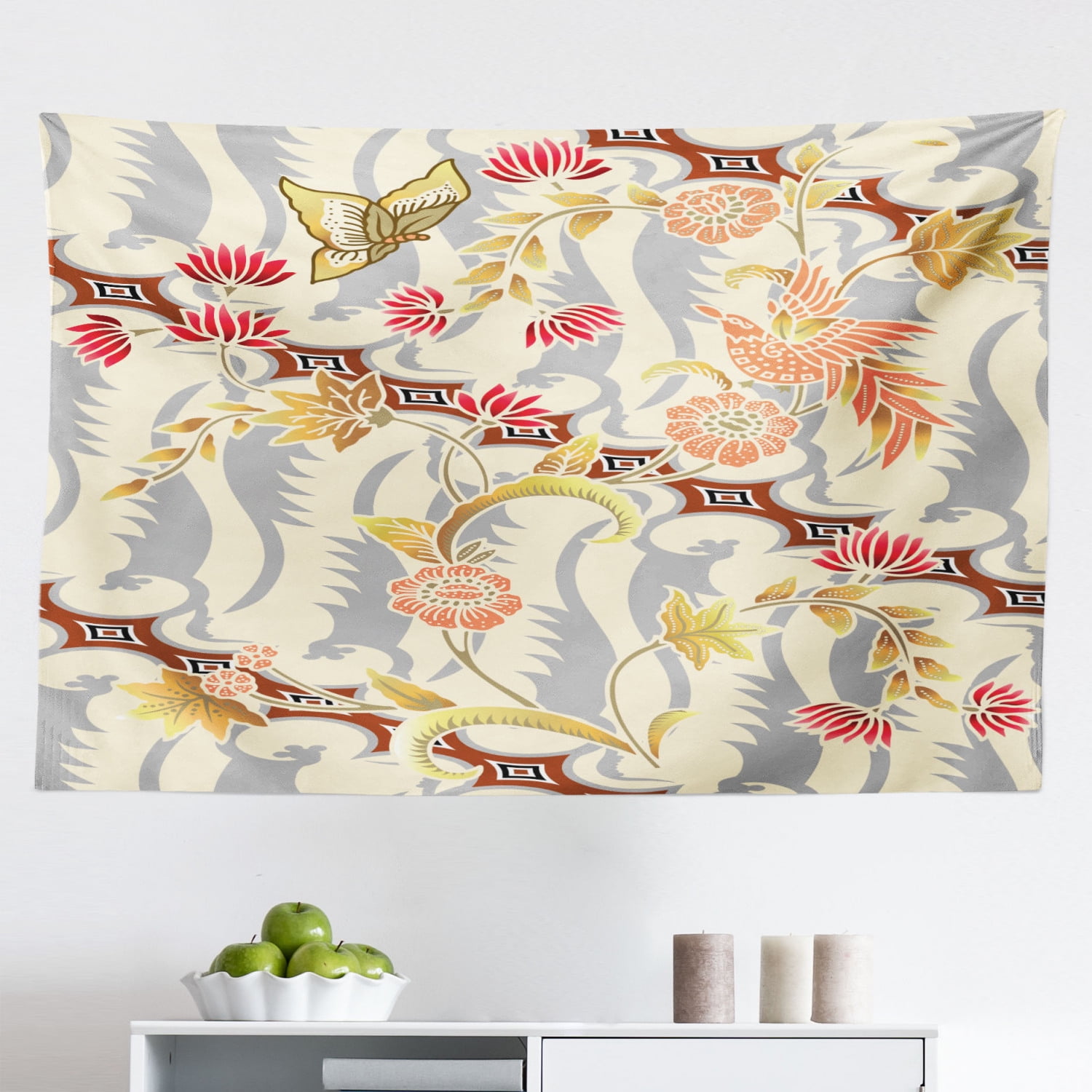 Batik Tapestry, Flower Body with Curved Branch and Butterflies on Retro ...