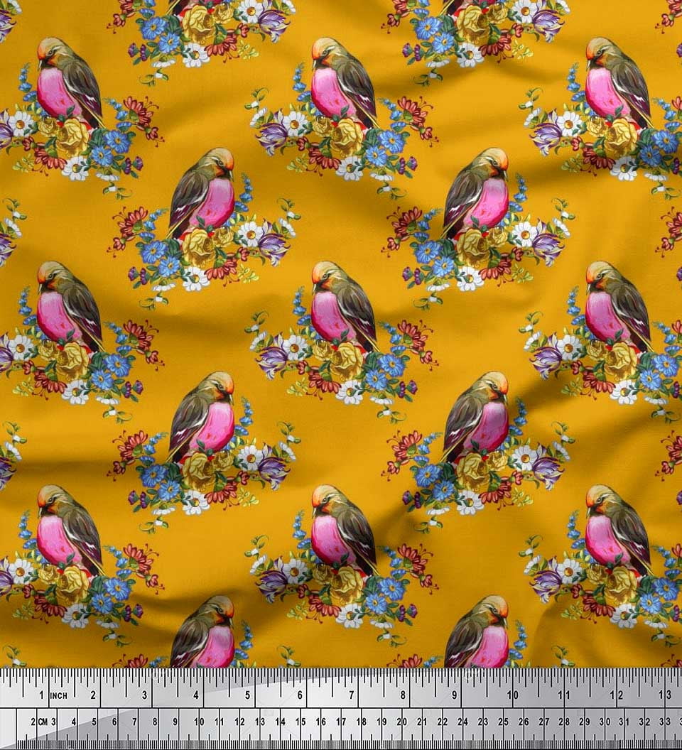 Soimoi Gold Satin Silk Fabric Leaves,Floral & American Robin Bird Print ...