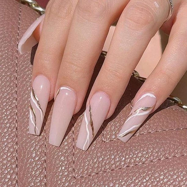Extra Long Coffin Press On Nails Ballerina Fake Nails 24pcs Gold Wave