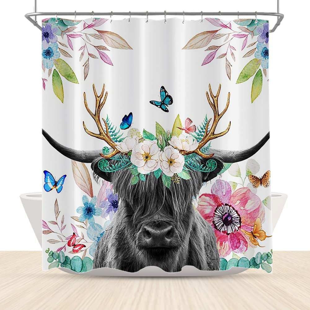 Hippie Highland Cow Shower Curtain, Farm Animal Cute Longhorn Cattle ...
