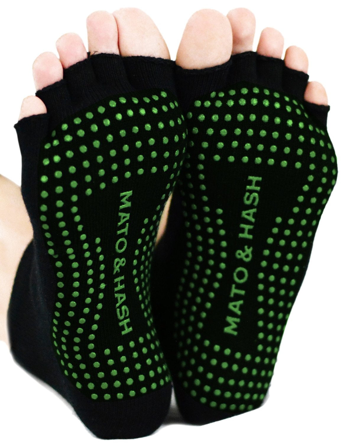 Mato & Hash Toeless Half Toe Yoga Socks With Grip - Black/Bright Green ...