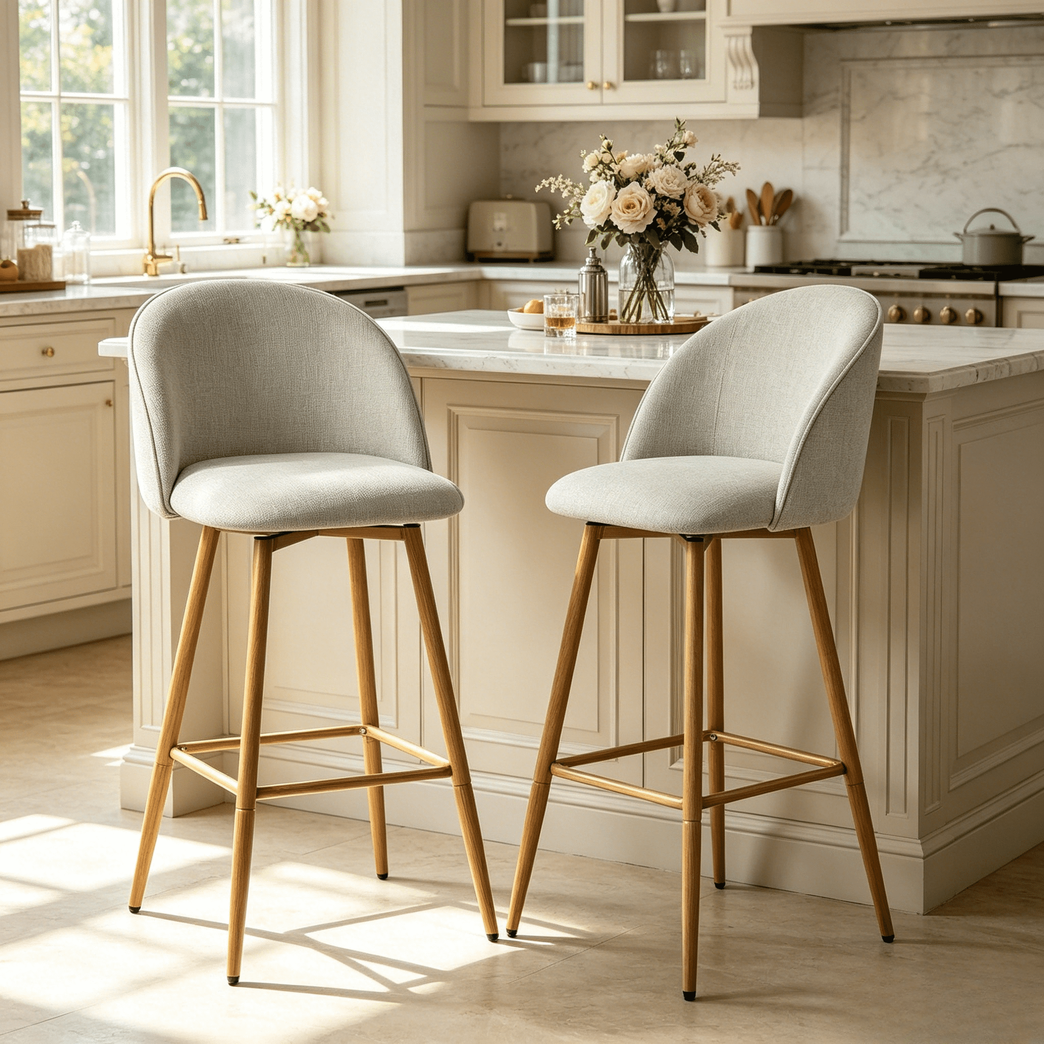 Homy Casa 26.8" Beige Fabric Bar Stools Set of 2, Wood Look Legs ...