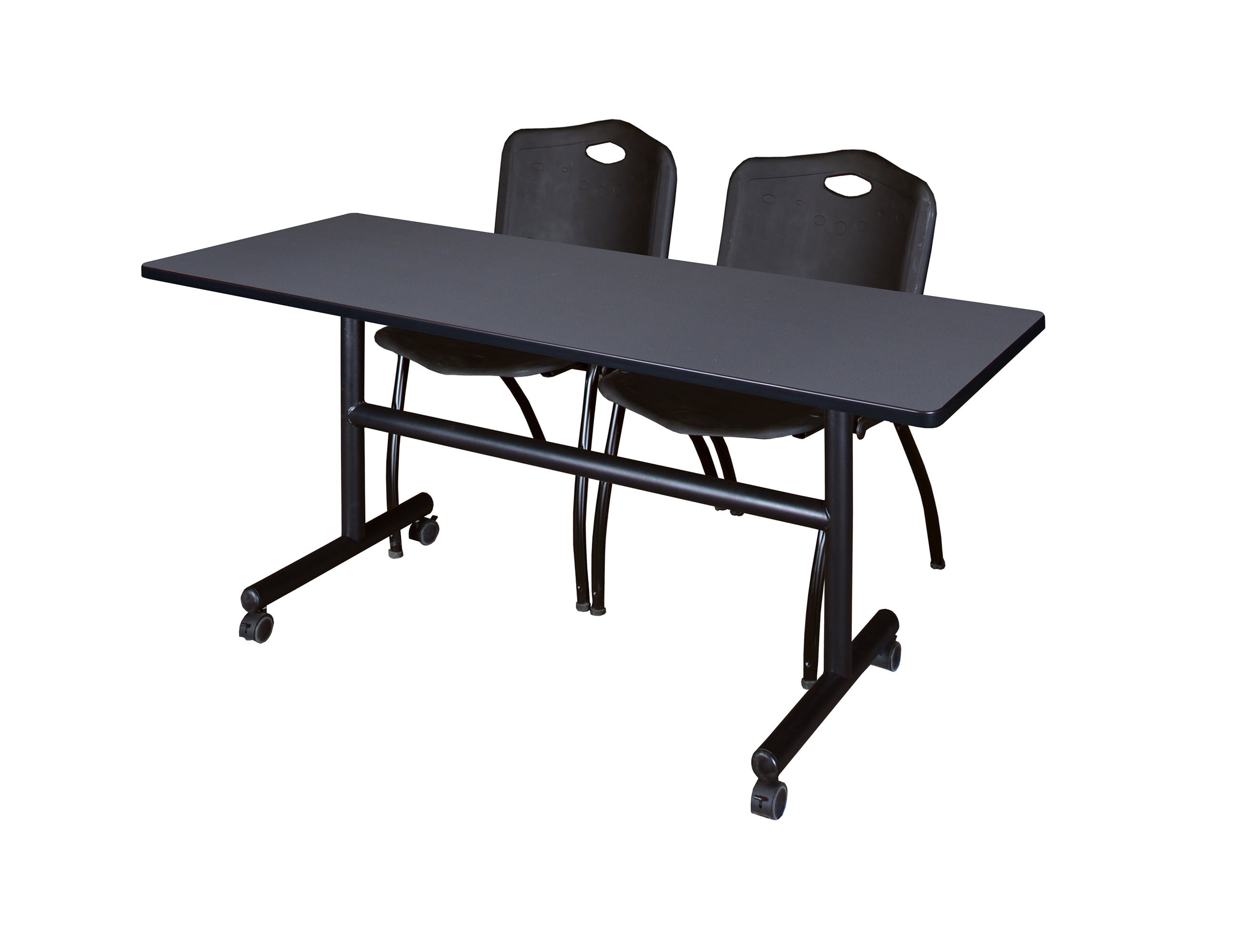 60" x 30" Flip Top Mobile Training Table- Grey and 2 "M" Stack Chairs ...