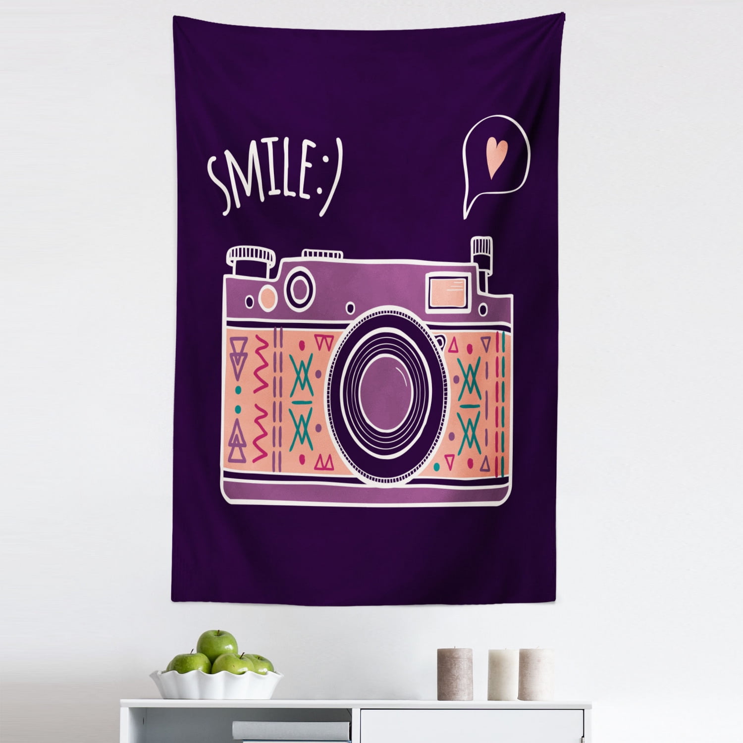 Retro Tapestry, Vintage Camera Design with Hand Drawn Love Heart Shape ...