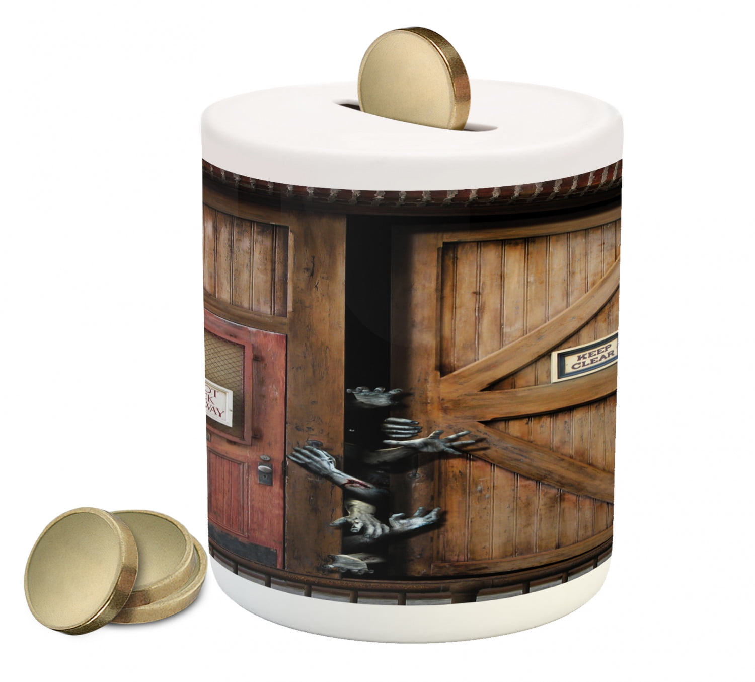 Zombie Piggy Bank, Monsters Behind Wooden Door Demon Halloween Holiday ...