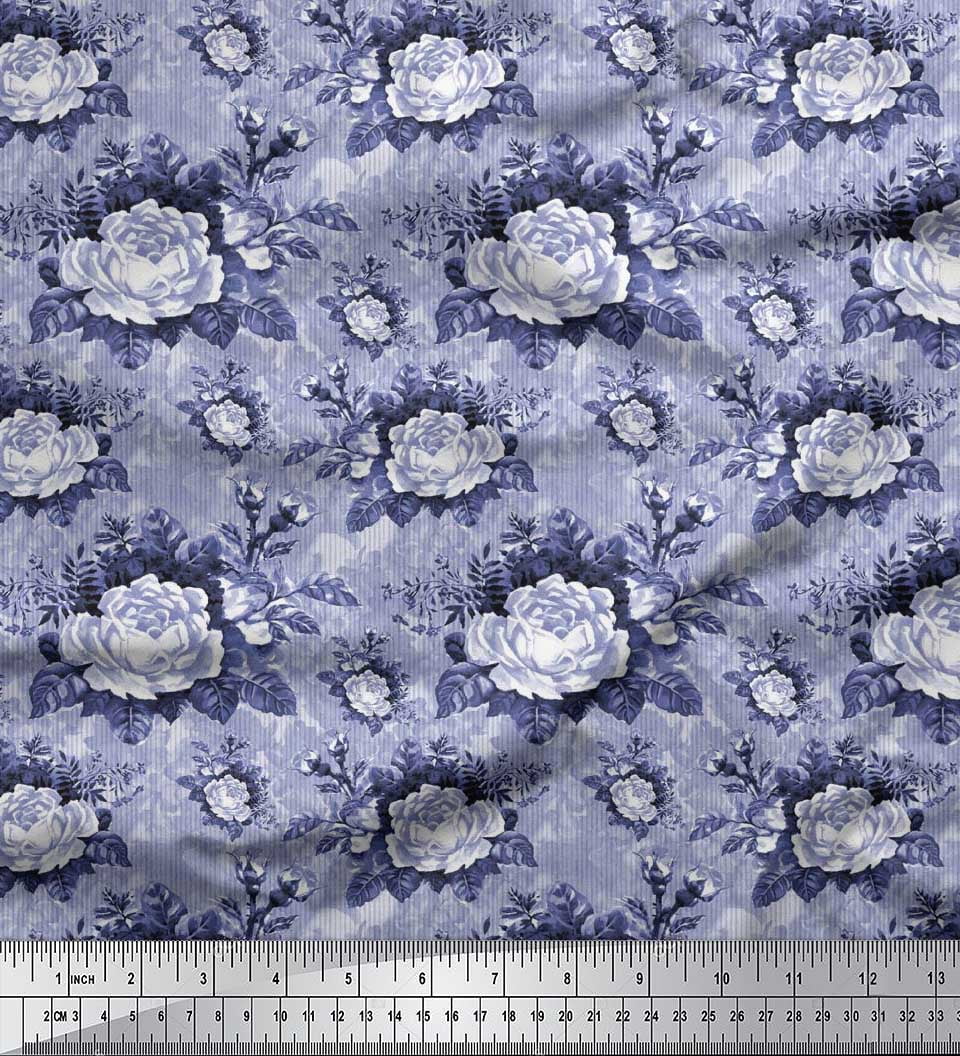 Soimoi Blue Poly Georgette Fabric Stripe,Leaves & Begonia Floral ...