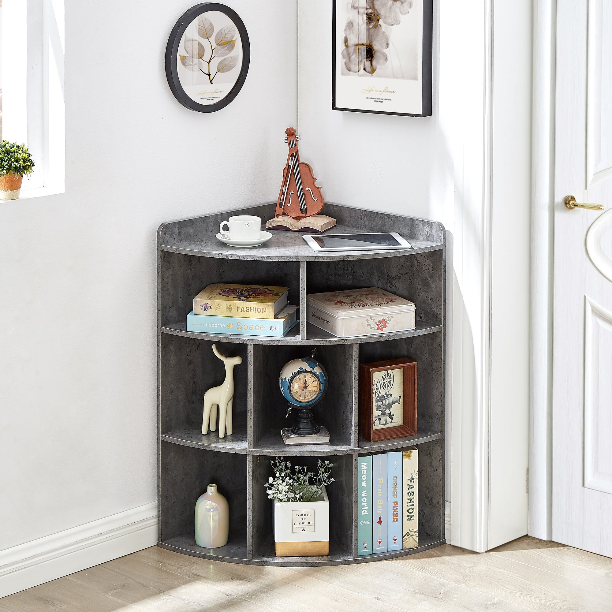 VECELO 4-Tier Corner Cabinet, Wooden Bookcases Bookshelf with 8-Cubby ...