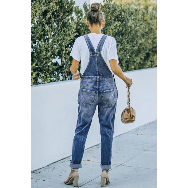 POGLIP Women's Sky Blue Distressed Bib Denim Overalls - Walmart.ca