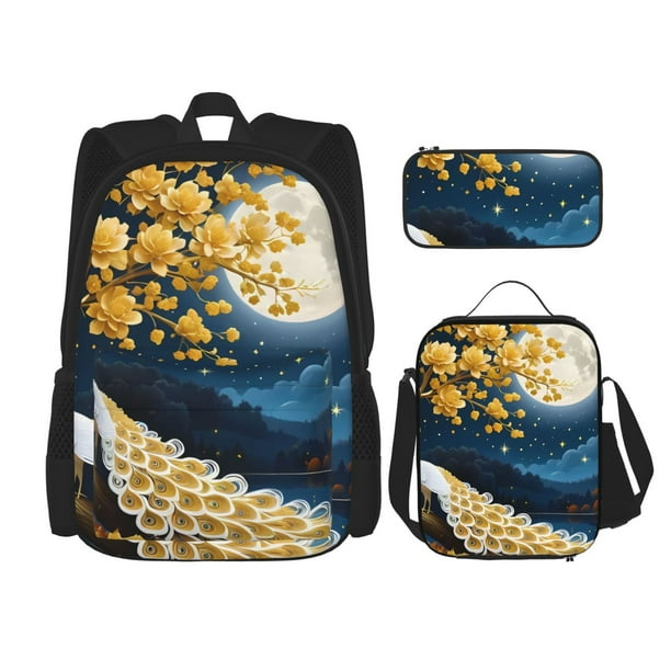 Balery Moonlit Golden Tree Peacock Mochila Escolar 3 en 1 para Niños ...