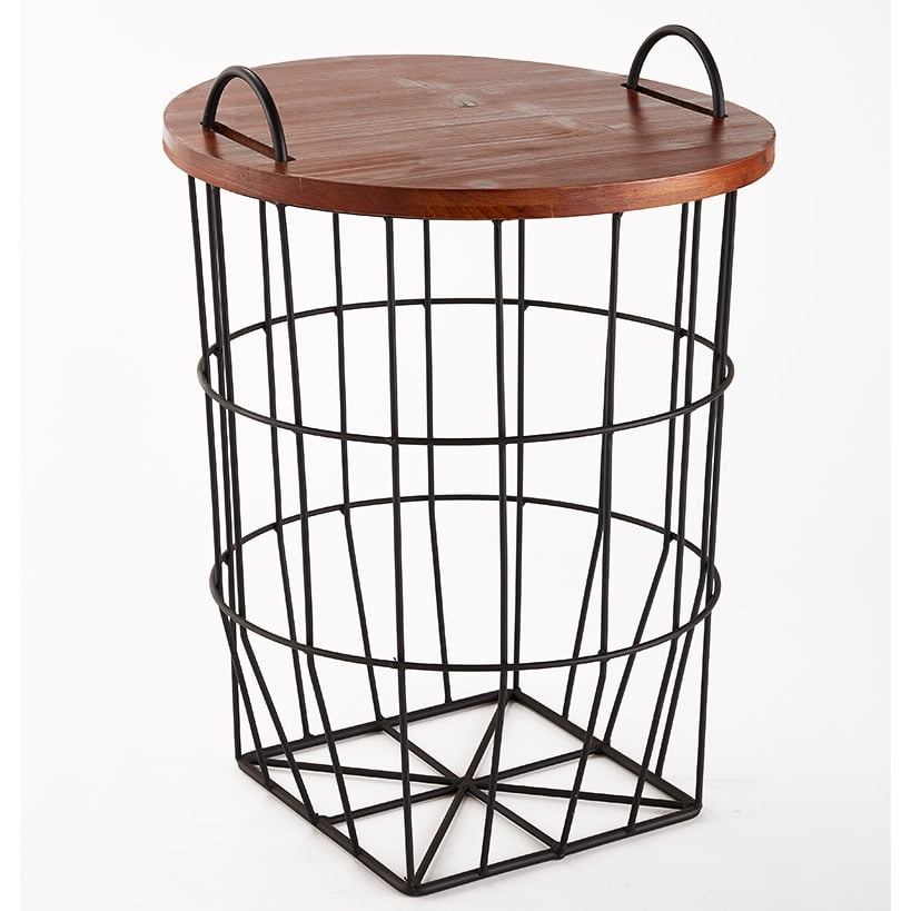 Metal Storage Basket Side Table with Carrying Handles and Wooden Lid ...